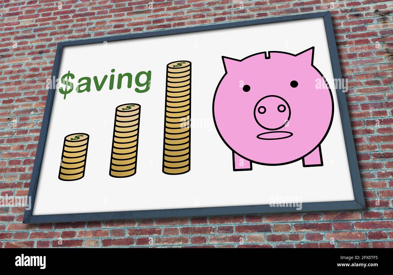 Saving concept drawn on a billboard fixed on a brick wall Stock Photo ...