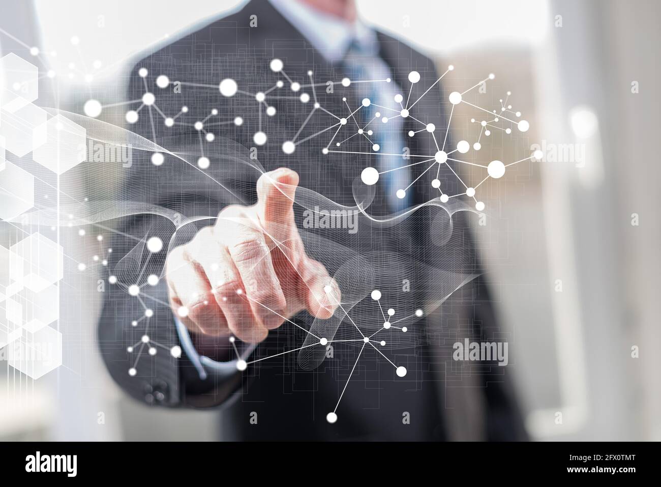 Man touching a virtual network on a touch screen with his fingers Stock ...