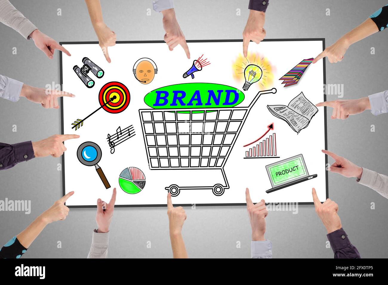 Hands pointing to brand concept Stock Photo - Alamy