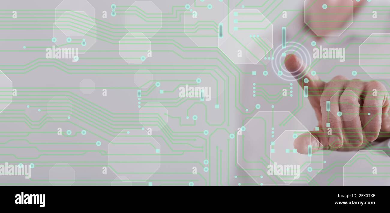 Man touching a digital technology concept on a touch screen with his ...