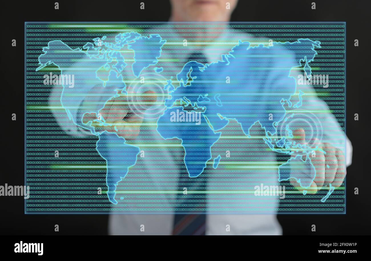 Man touching a data transfer concept on a touch screen with his finger ...