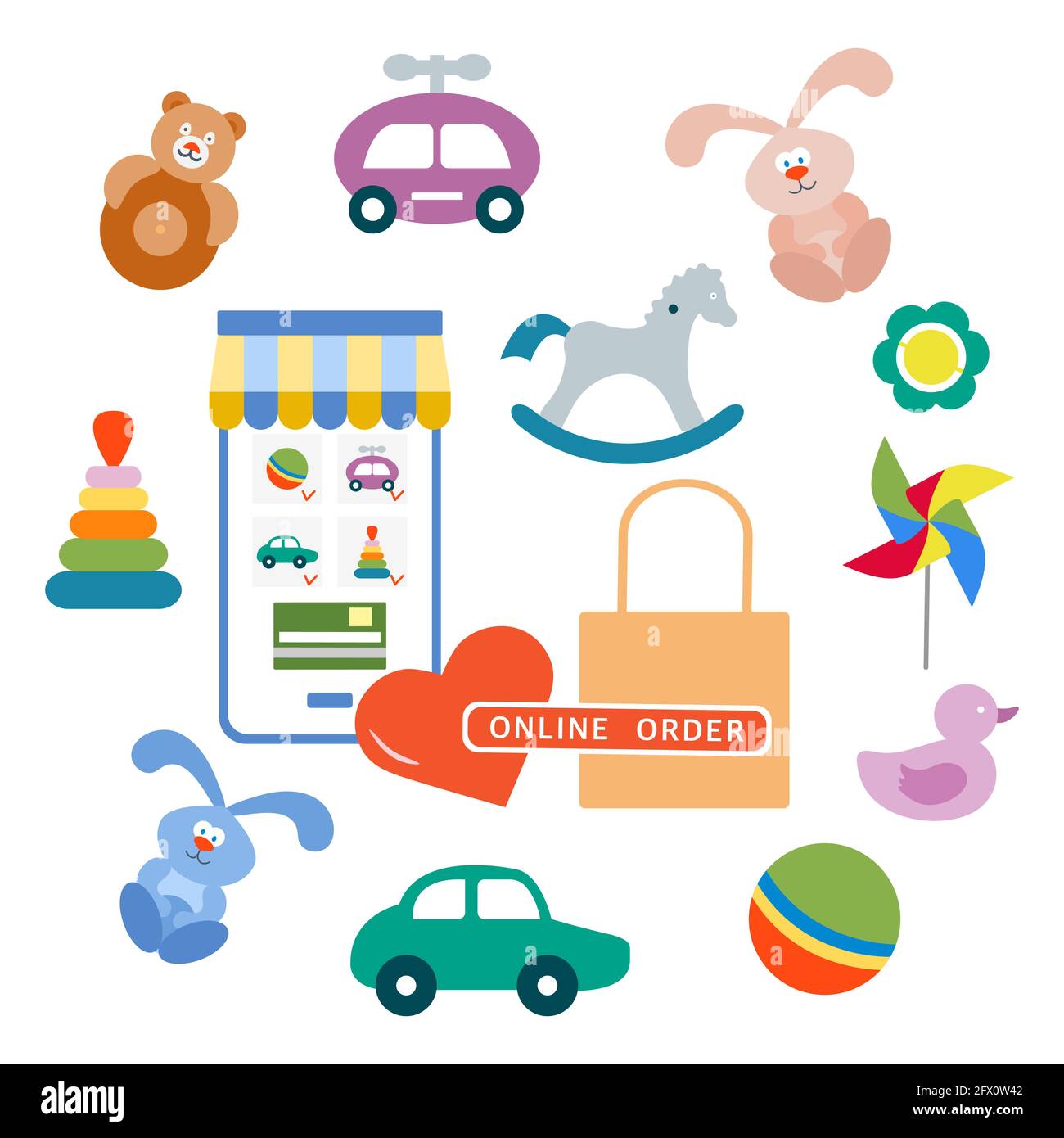 Vector illustration Online order Kid toys Happy childhood Gaming items ...