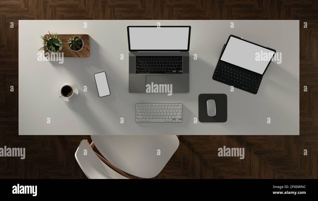 3D rendering, workspace with laptop, tablet, smartphone and decorations ...