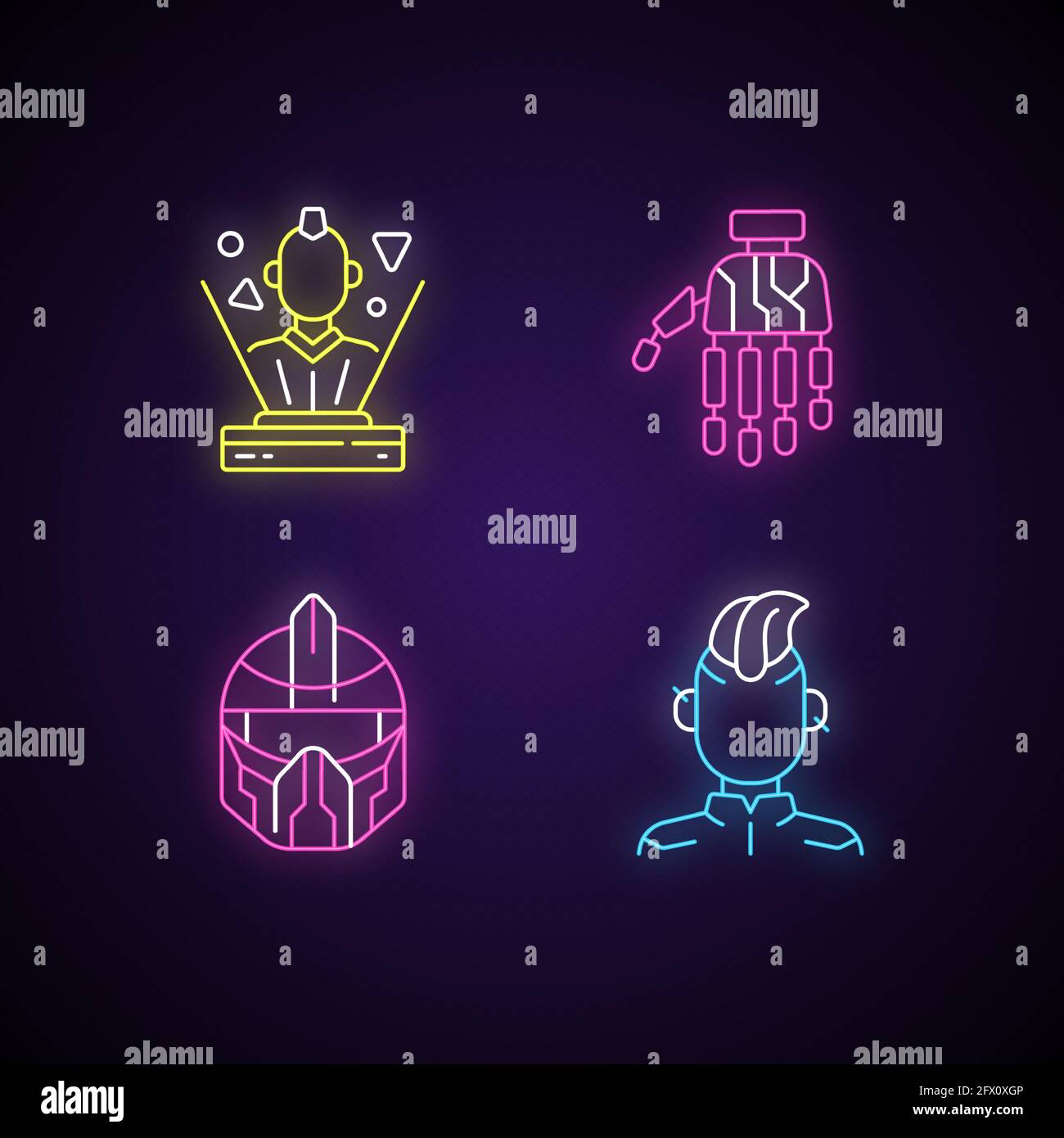 Human body cyberpunk augmentations neon light icons set Stock Vector ...