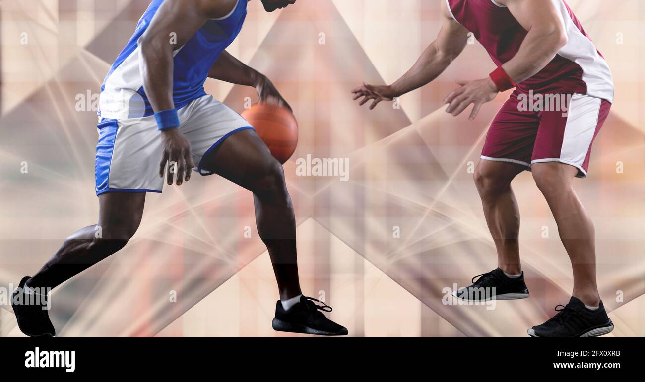 Composition of midsection of basketball players bouncing ball with copy ...