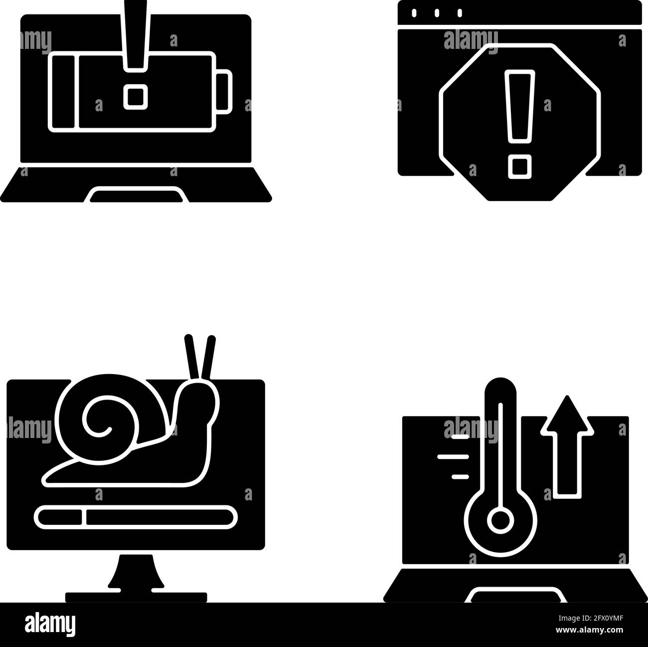 Computer errors black glyph icons set on white space Stock Vector Image ...