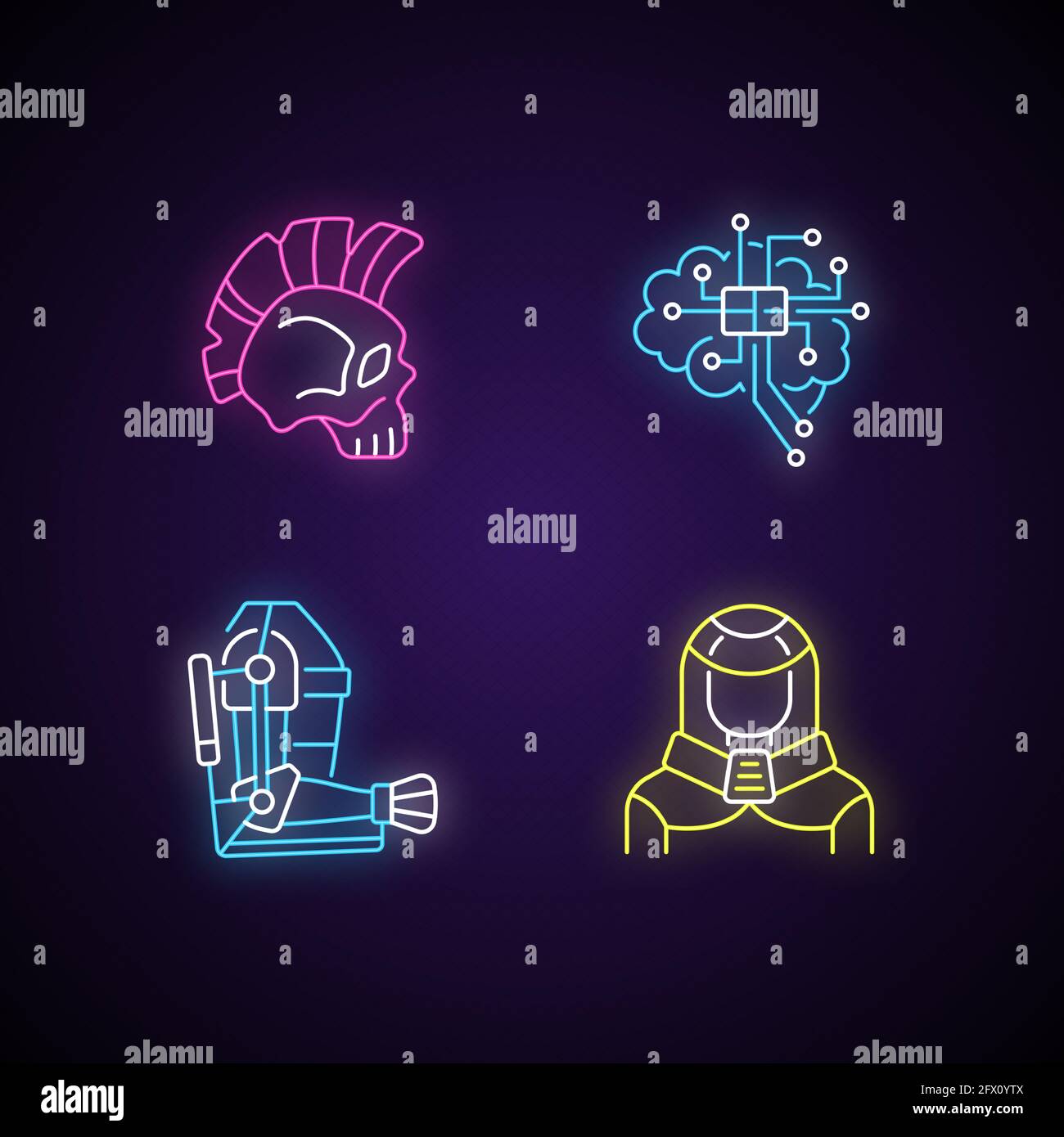 Cyberpunk augmentations neon light icons set Stock Vector Image & Art ...