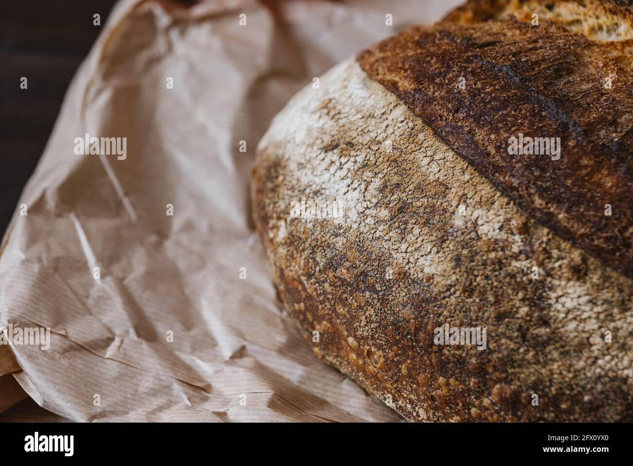 Texture surface of baked bread crust on craft package. Beautiful crispy ...