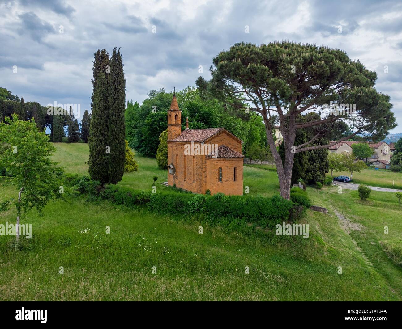 Drone view from above of the red church of Pomelasca Drone view from ...