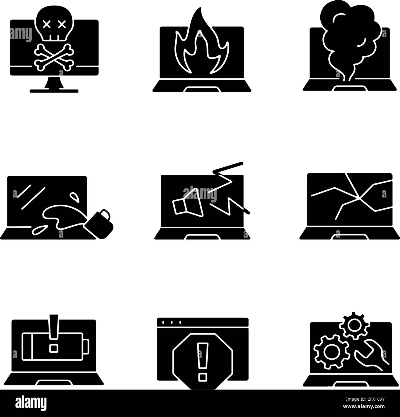 Computer damage black glyph icons set on white space Stock Vector Image ...