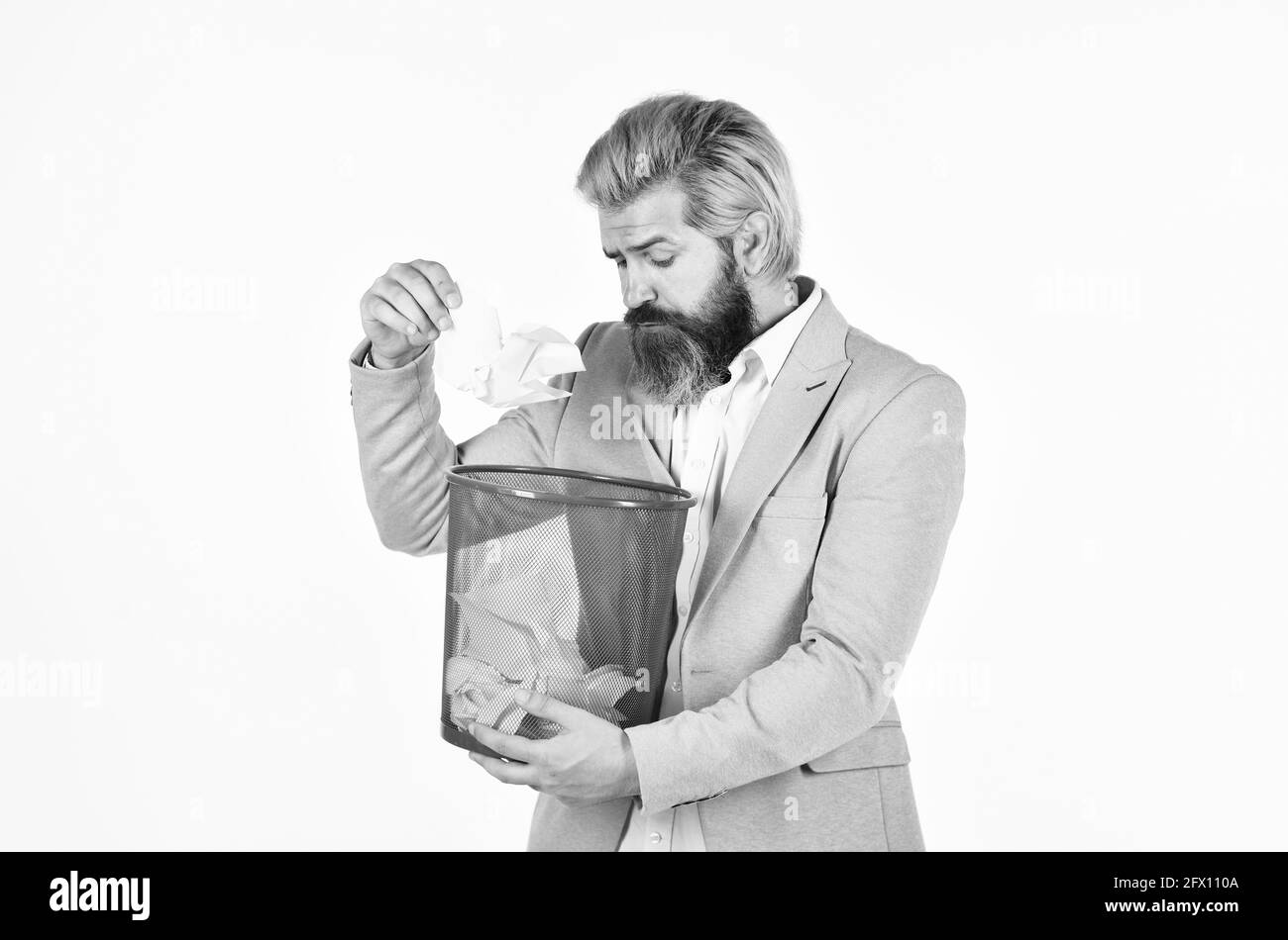 where is it. man hold recycling bin. this paper will go to bin with ...