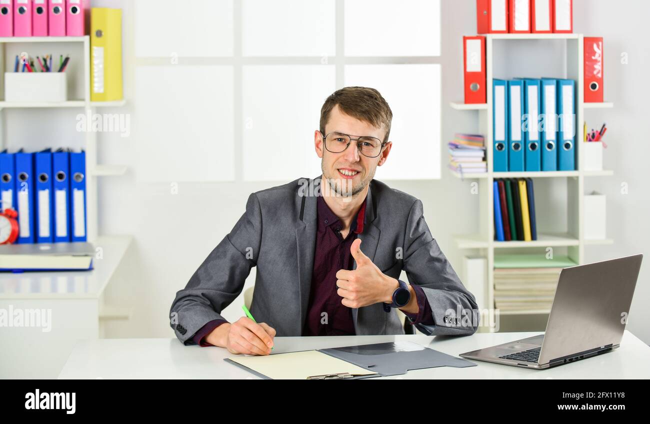 Man work online laptop computer in office, successful startup concept ...