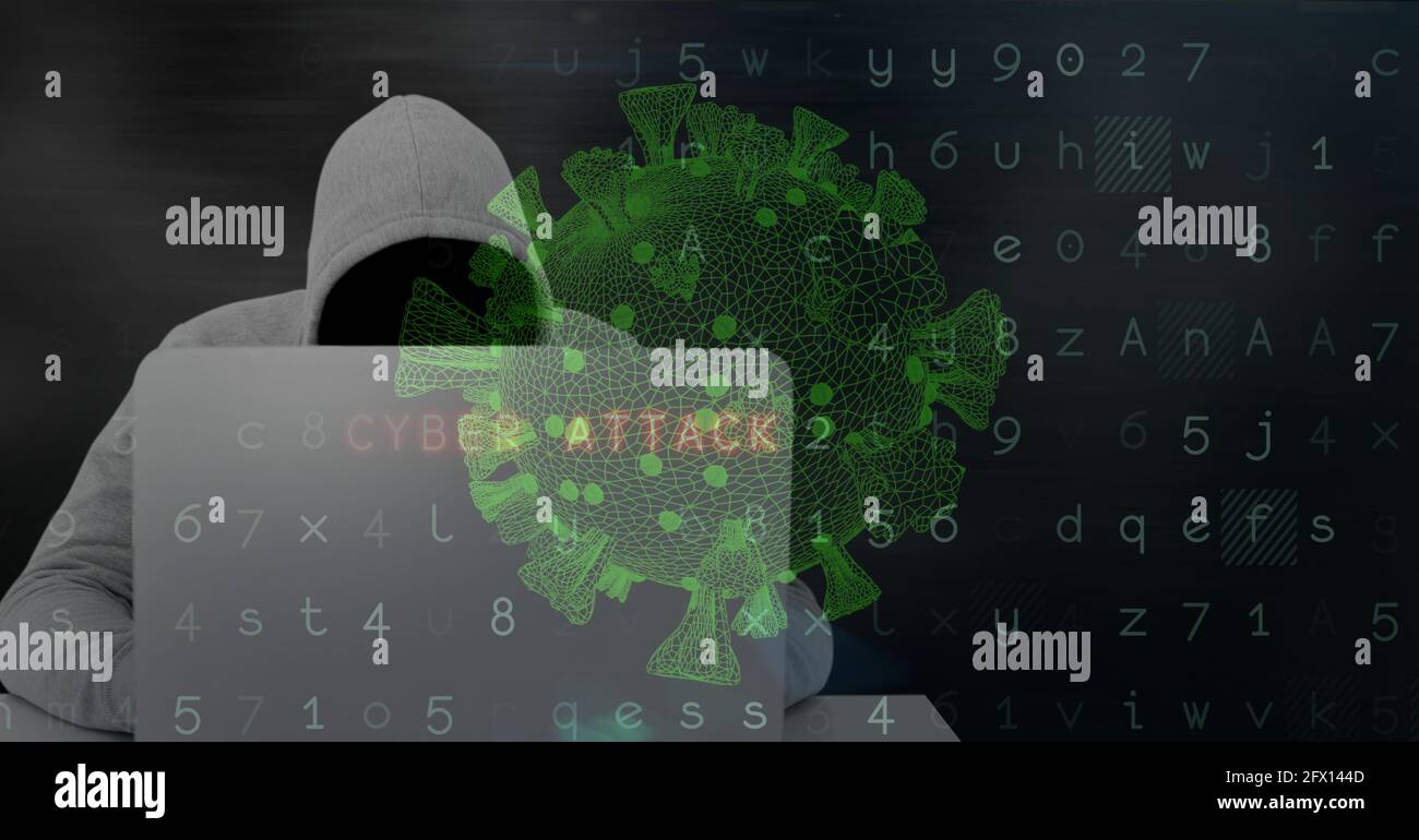 Composition of hooded hacker using laptop with covid cell and cyber ...