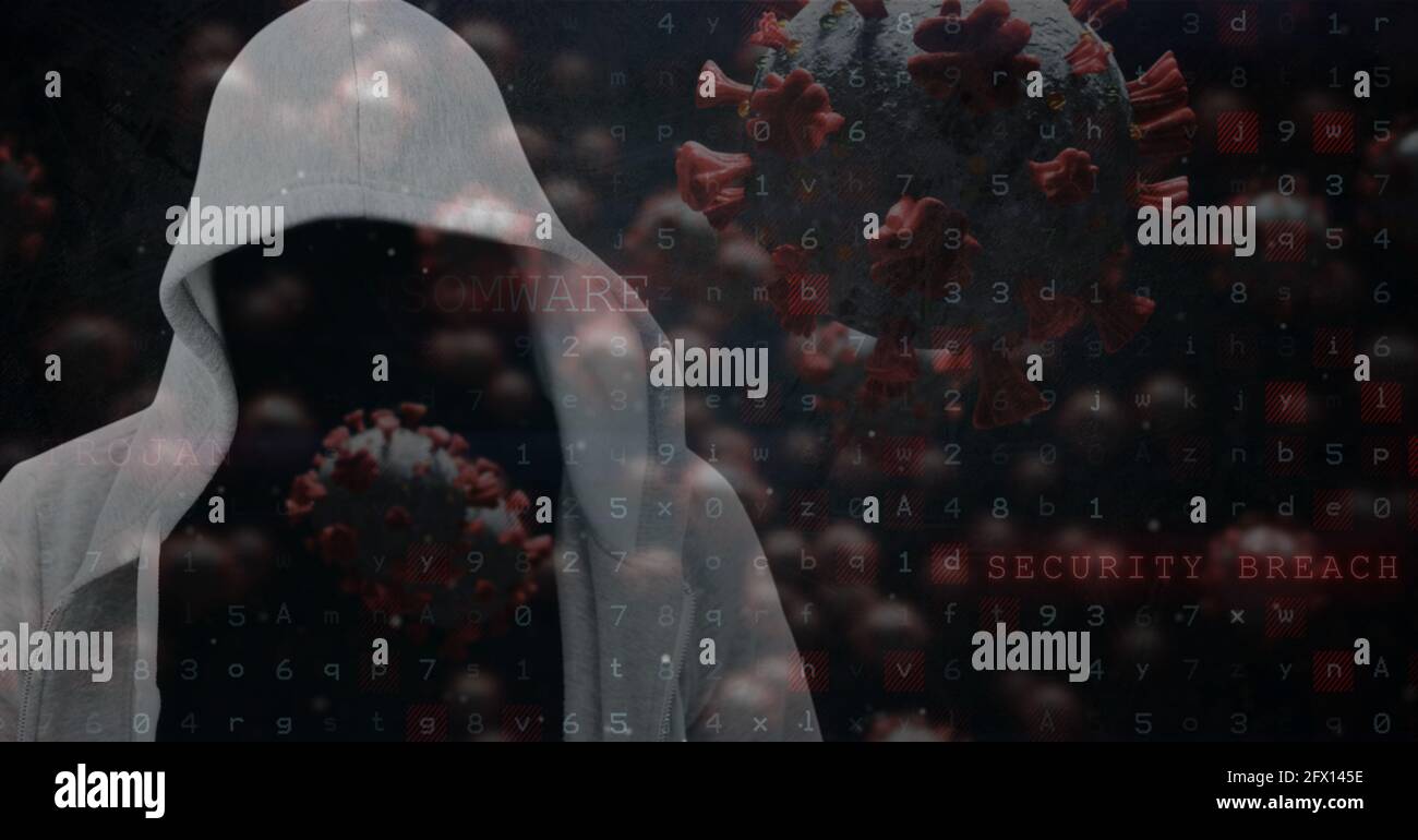 Composition of hooded hacker with covid cells and security breach ...