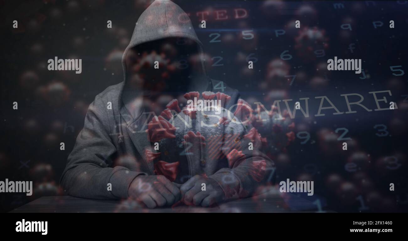 Composition of hooded hacker with covid cells and ransomware security ...