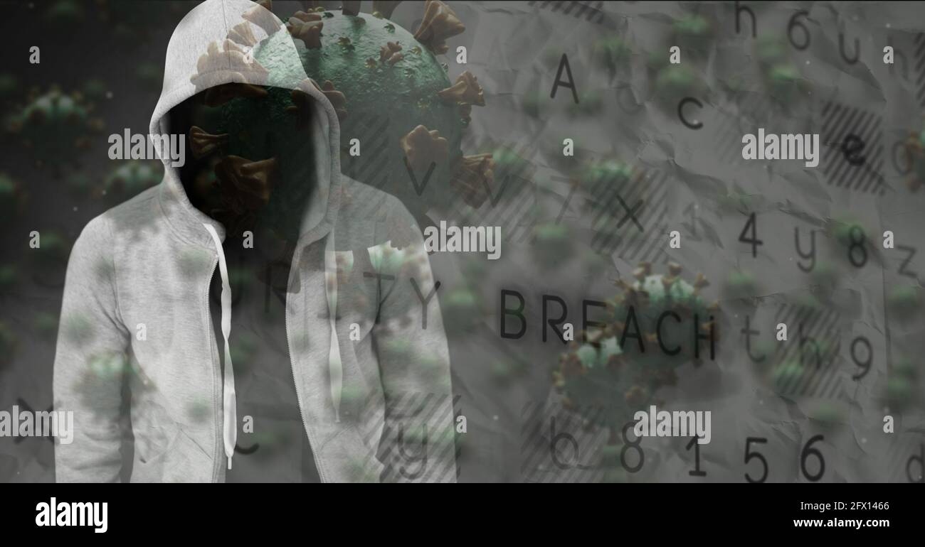Composition of hooded hacker with covid cells and security breach ...