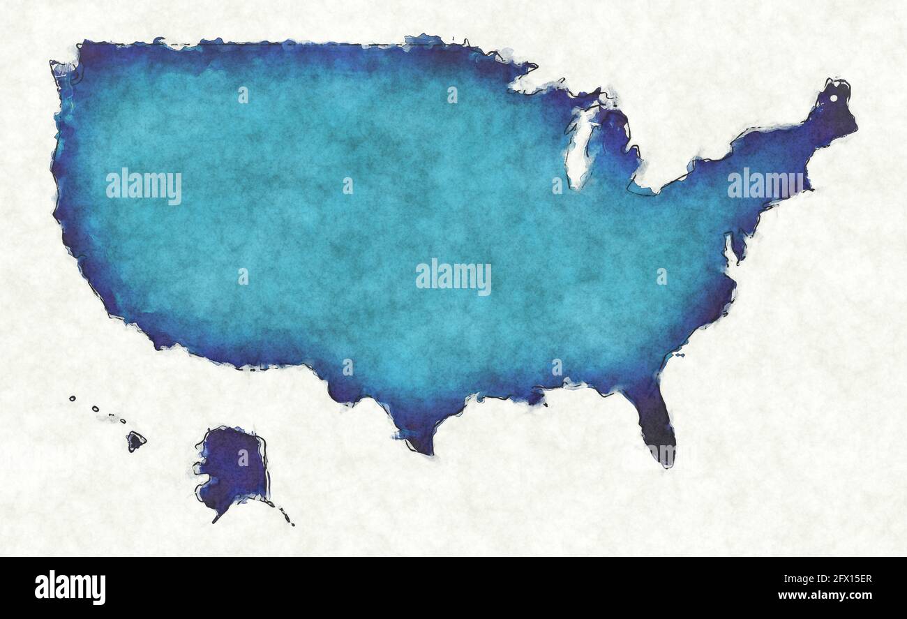 USA map with drawn lines and blue watercolor illustration Stock Photo ...