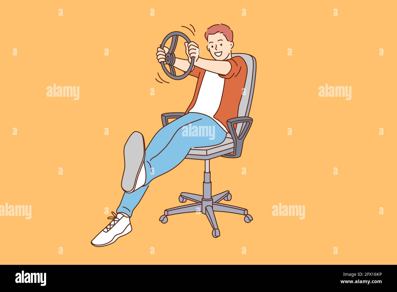 Playing driver and imagination concept. Young smiling boy cartoon ...