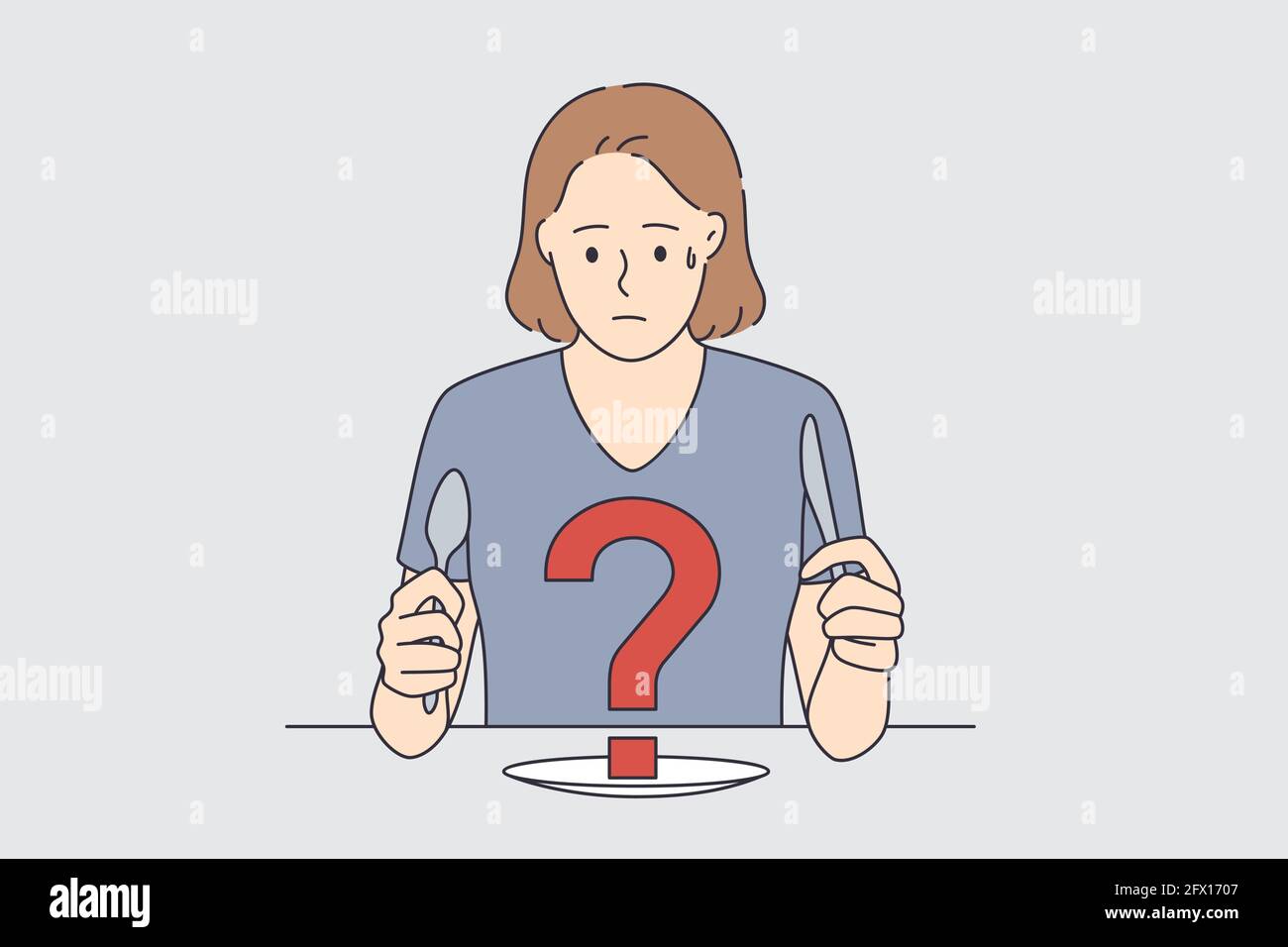 Feeling doubt and insecure concept. Young frustrated woman cartoon ...