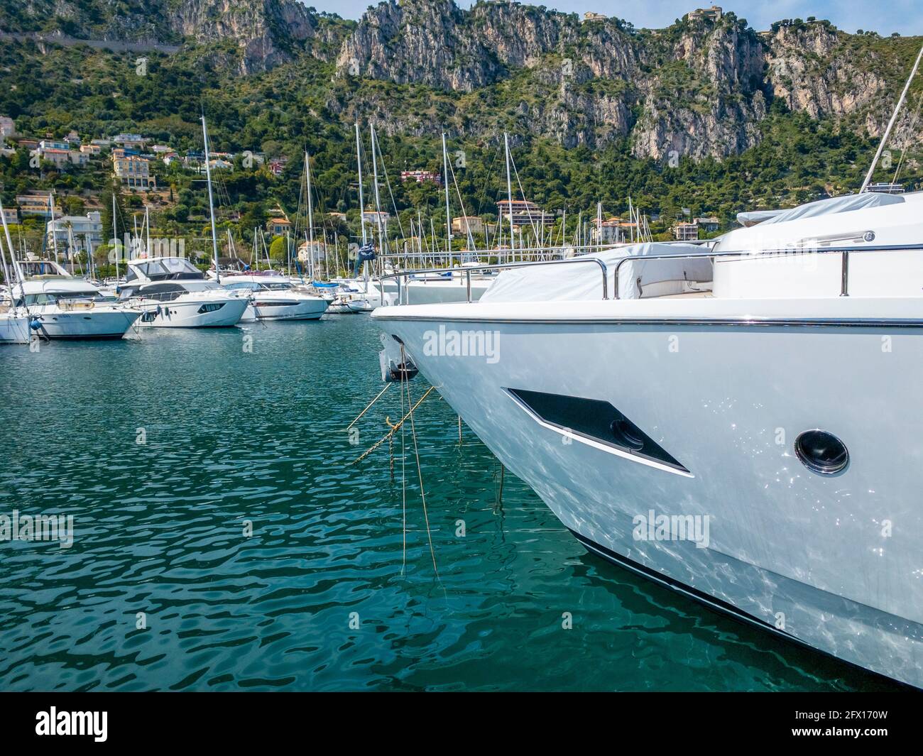 Modern luxury sail ship bridge. Yachts in a lagoon of the mediterranean ...