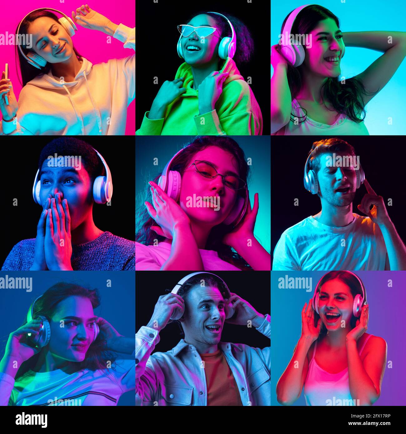 Portrait of group of people on multicolored background in neon light ...