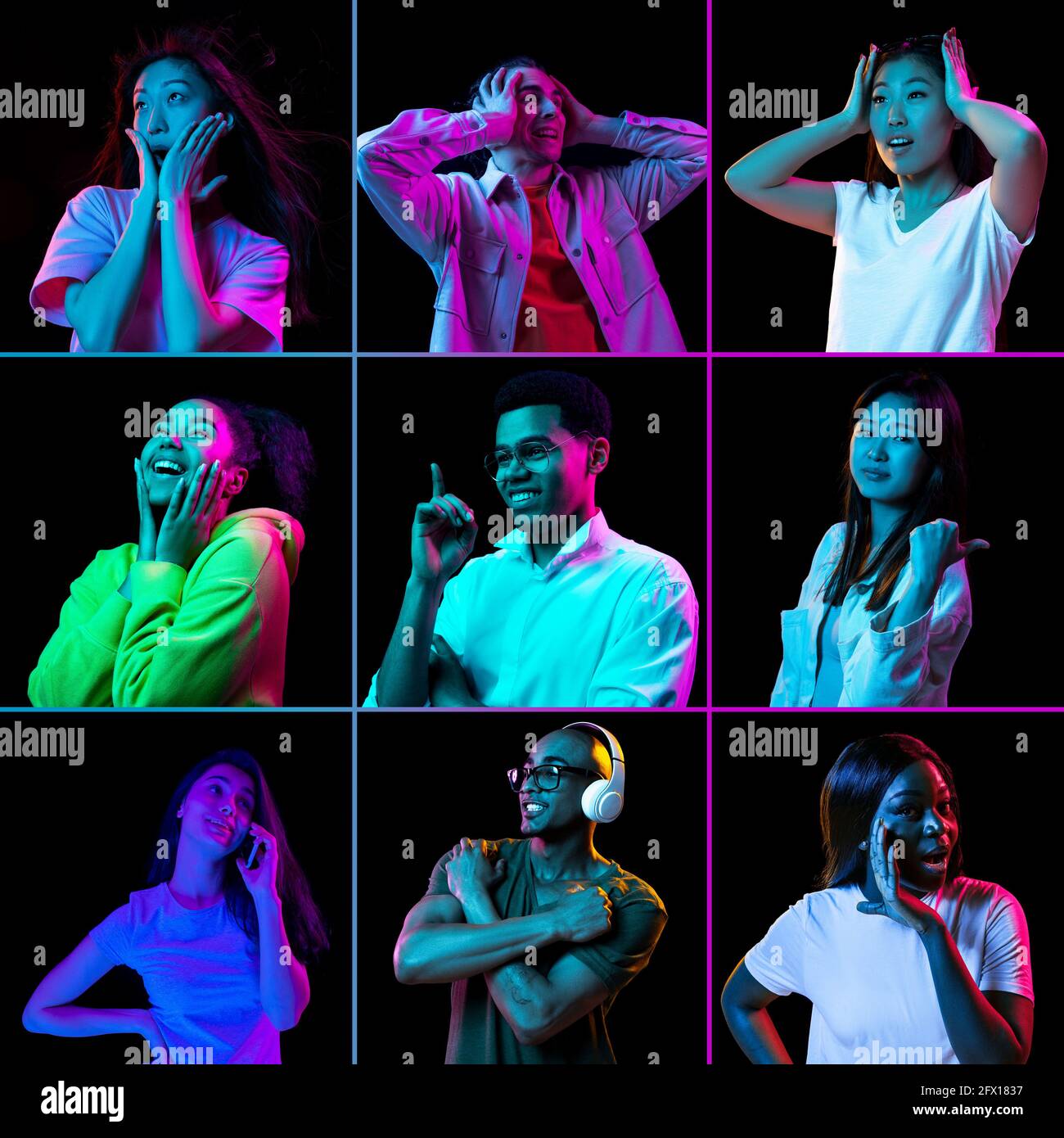 Portrait of group of people on black background in multicolored neon ...