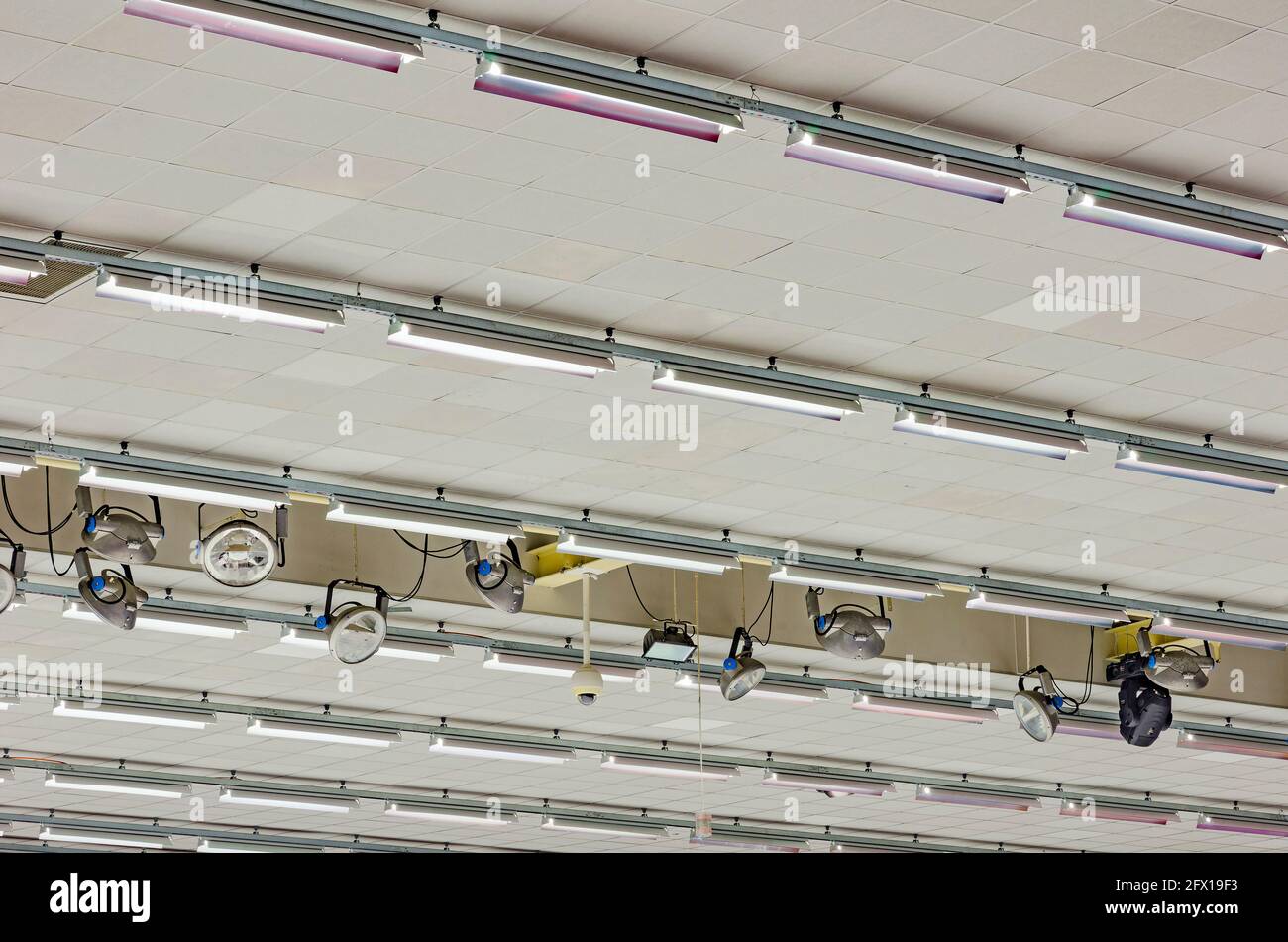 Ceiling of sports hall with spotlights and fluorescent lamps Stock ...