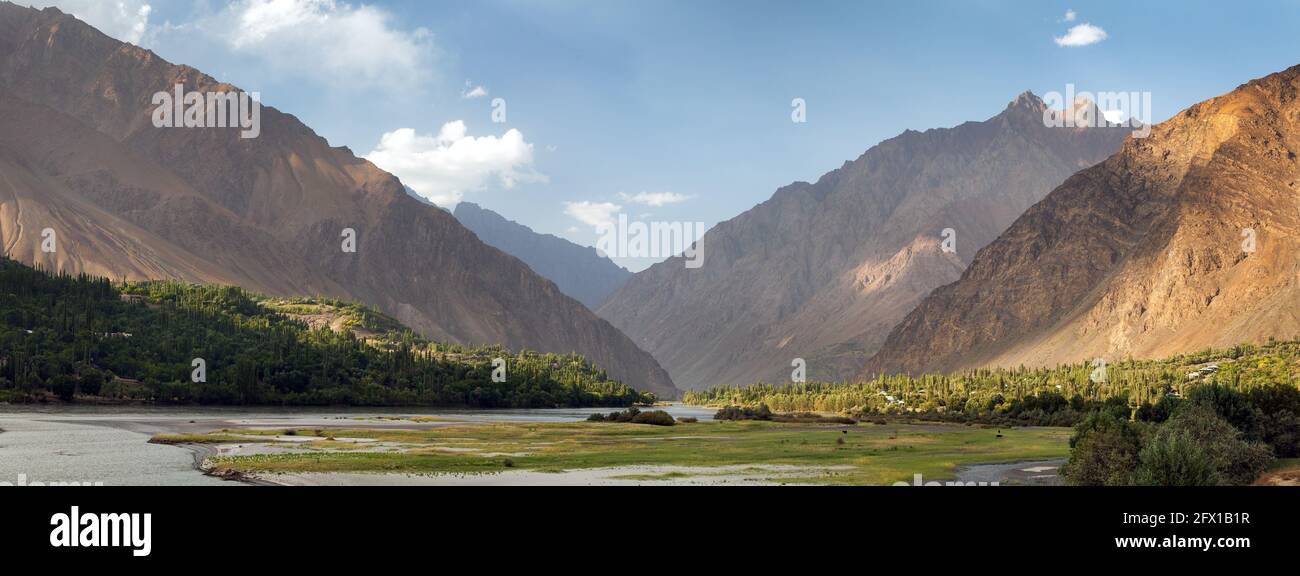 Panj river and Pamir mountains panoramic view. Panj is upper part of ...