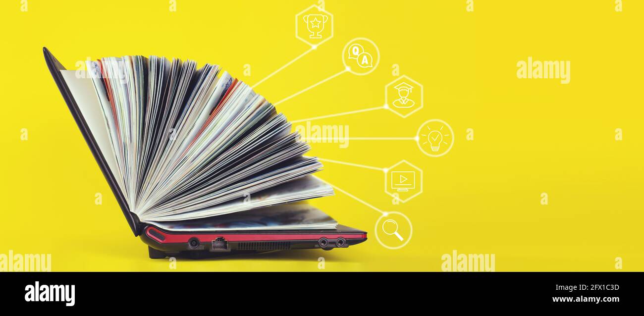 Elearning concept - laptop as book on yellow background. Knowledge base ...