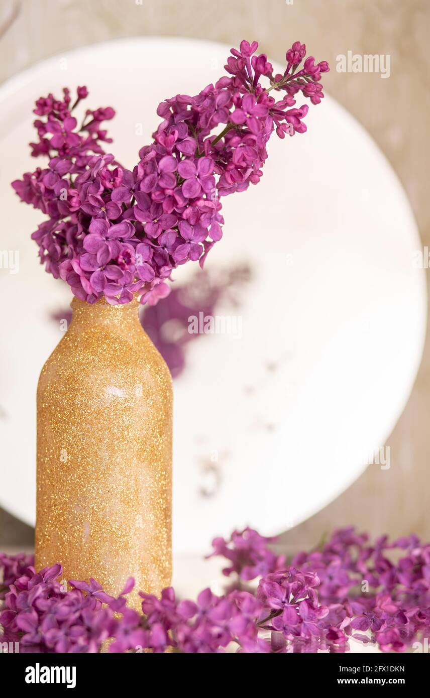 Background with copy space blank on table with lilac purple flower ...