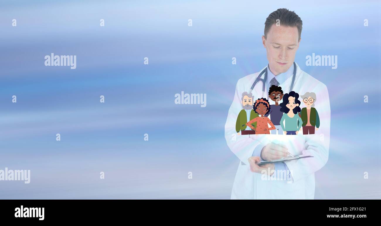 Composition of people illustration over male doctor using tablet with ...