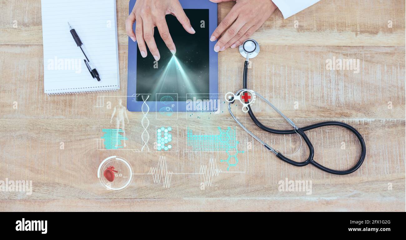 Composition of medical data processing over female doctor using tablet ...