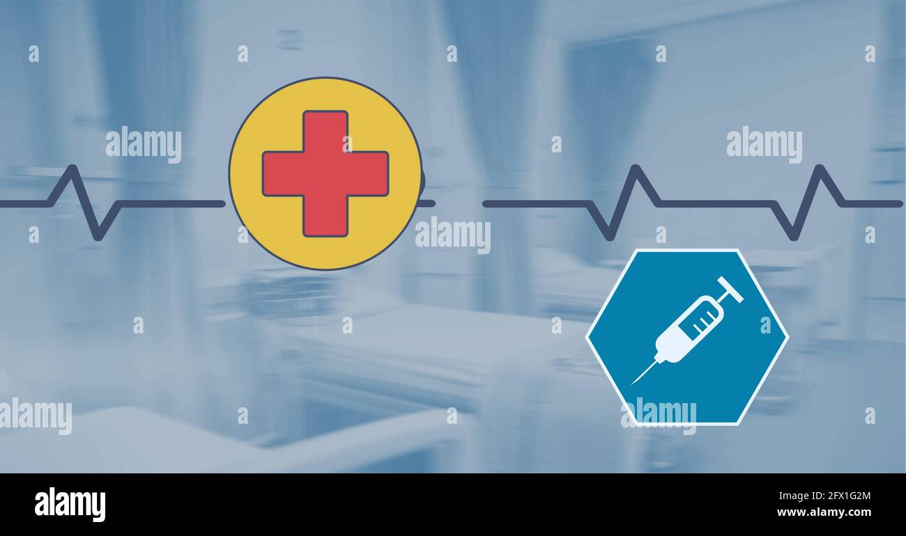 Composition of red cross and syringe icon over hospital Stock Photo - Alamy