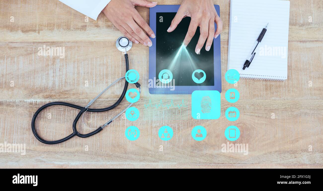 Composition of screen with medical data processing over female doctor ...
