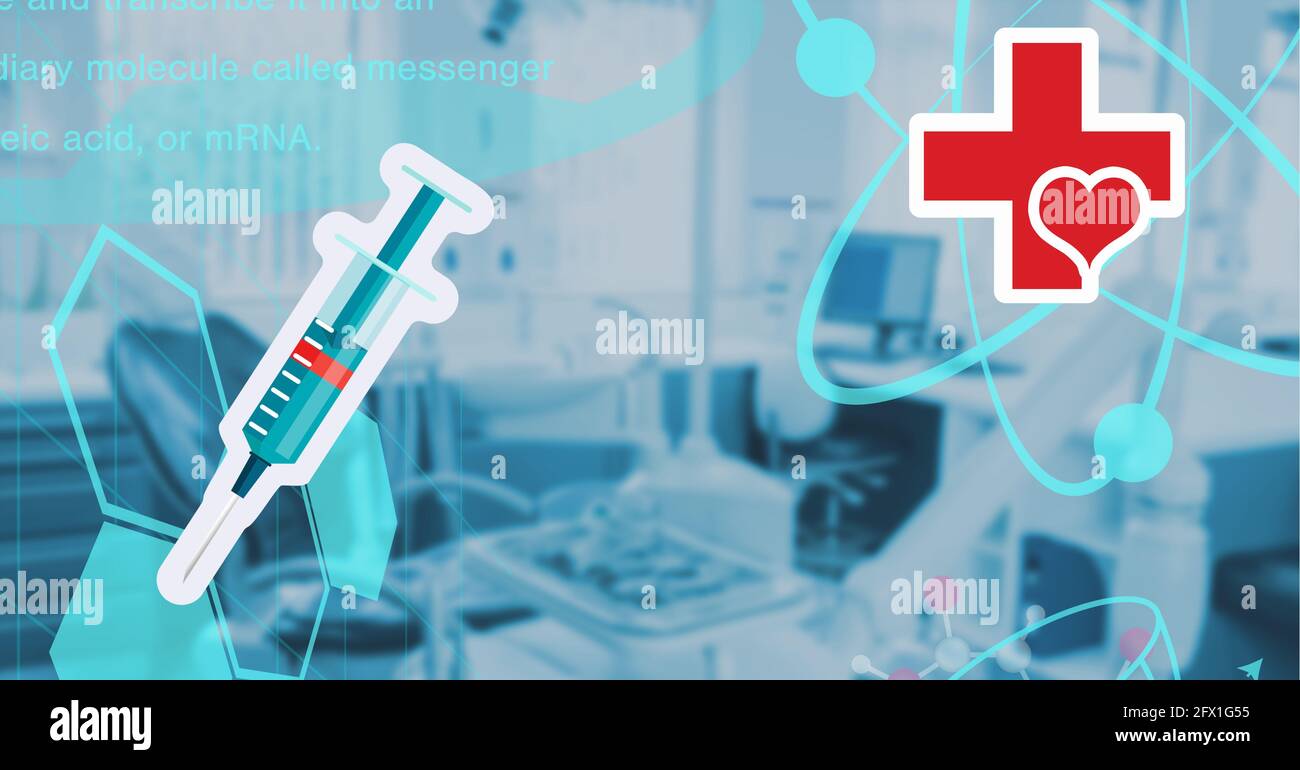 Composition of medical icons, syringe and red cross over hospital Stock ...