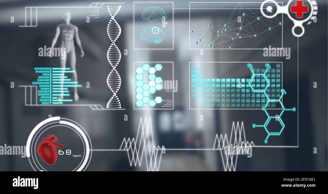 Composition of screen with medical data and icons over hospital Stock ...