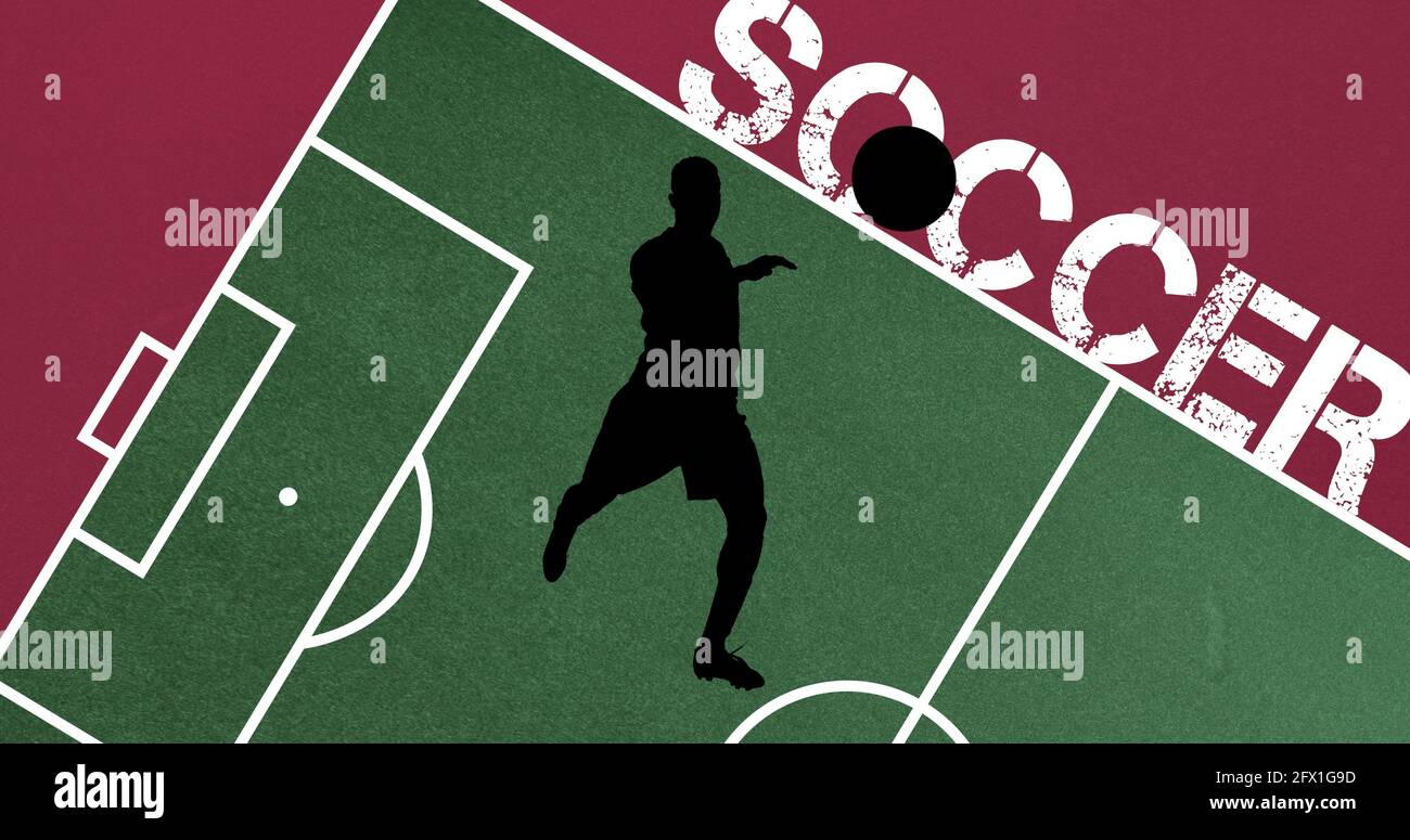 Composition of silhouette of football player over soccer text, football ...
