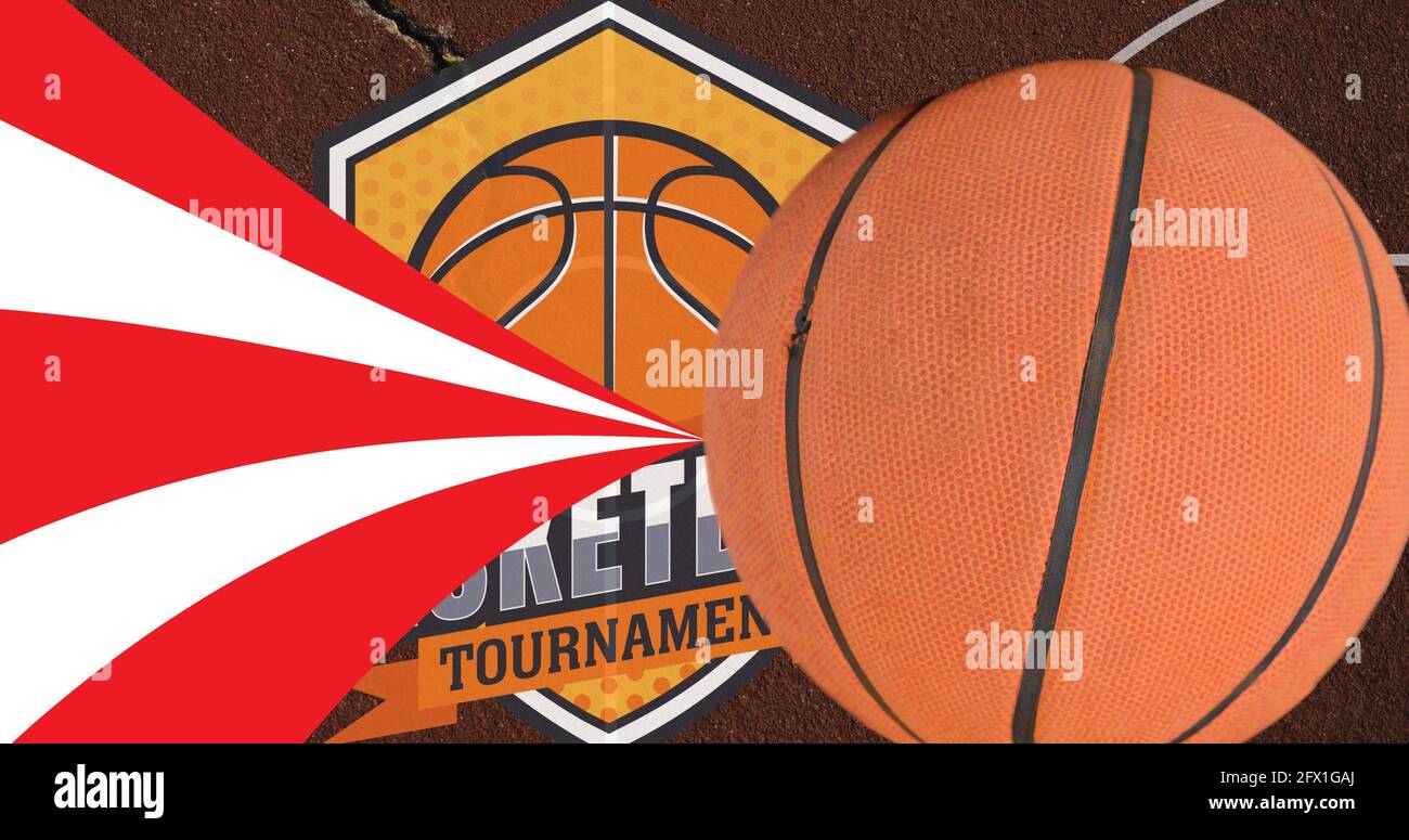 Composition of basketball with badge, red and white stripes Stock Photo ...