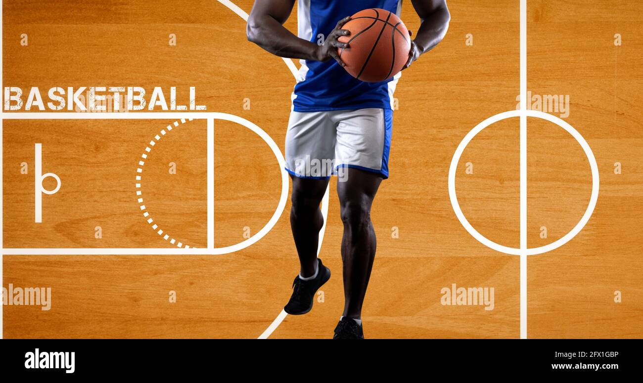 Composition of basketball player with ball over basketball court Stock ...