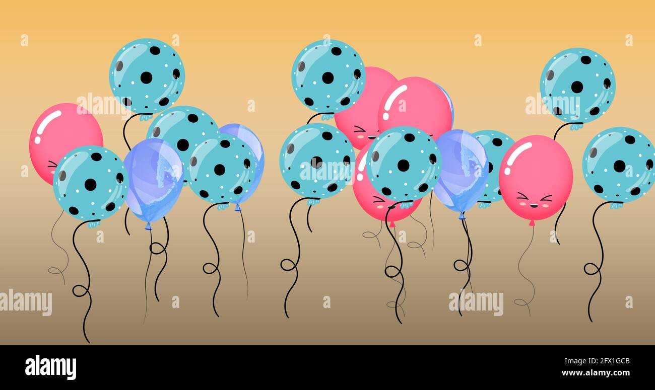 Composition of multiple blue and pink balloons with faces on yellow ...