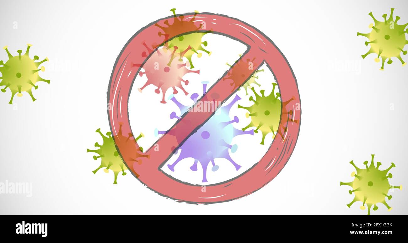 Composition of no entry sign over covid 19 cells on white background ...