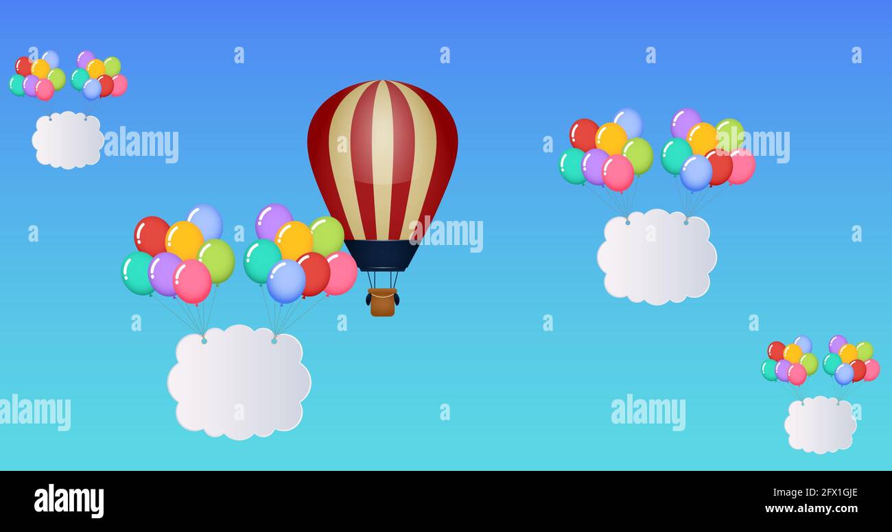 Composition of hot air balloon and multiple balloons with clouds and ...