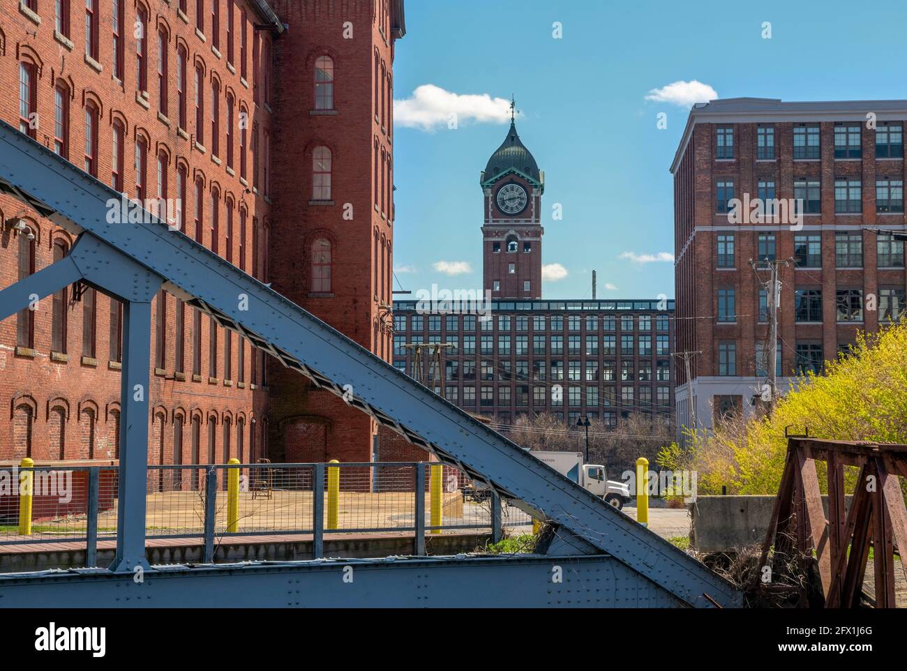 Historic mill building with the Ayer clock tower located along the ...