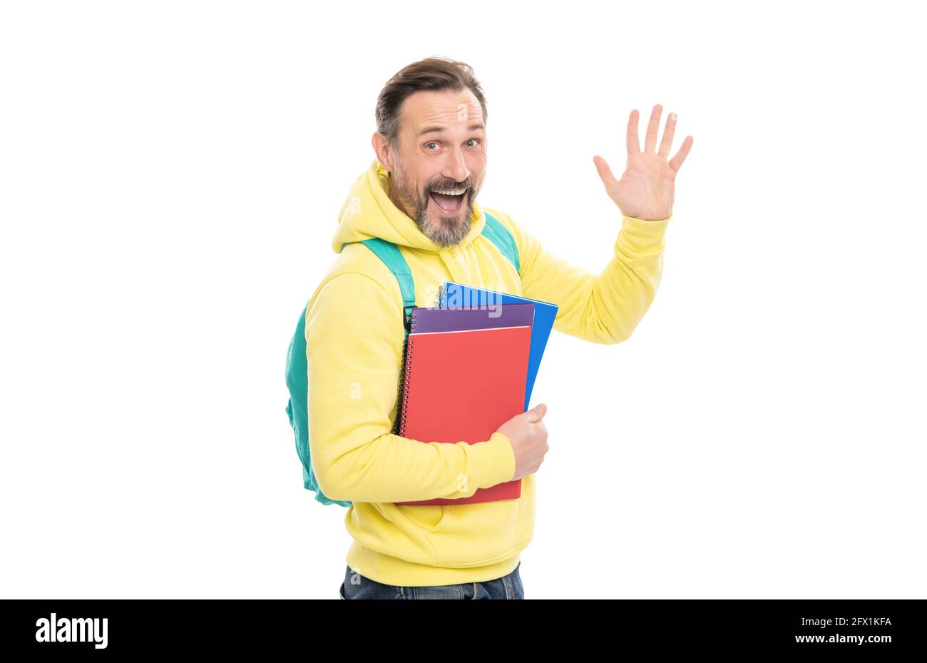 surprised man carry backpack hold notepad workbook for education ...
