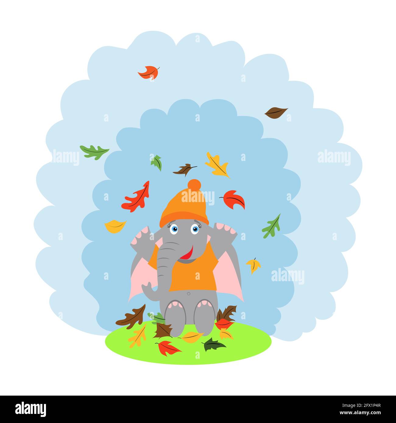 a cute, happy cartoon elephant in a hat sits in a clearing, tossing ...