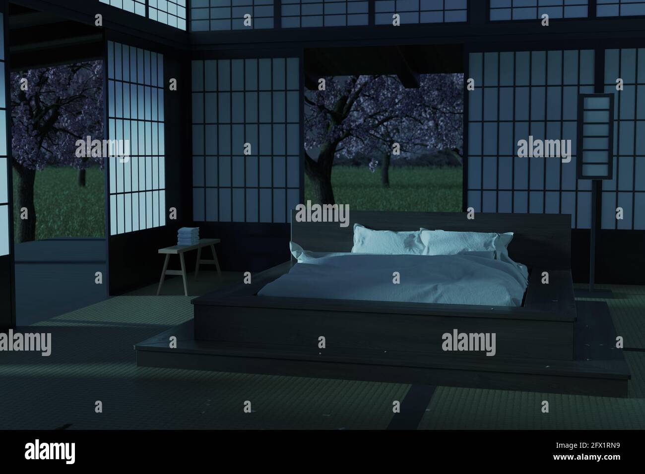 3d rendering of cozy traditional japanese bedroom in front of blooming ...