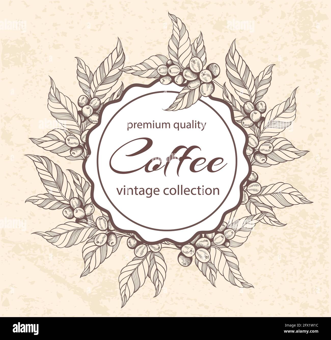 Decorative round floral frame with hand drawn coffee plants and coffee ...