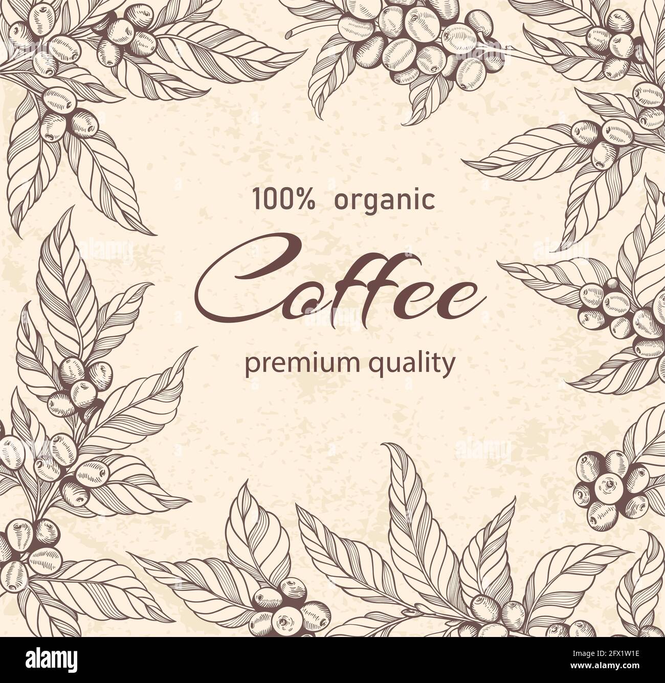 Decorative floral frame with hand drawn coffee plants and coffee beans ...