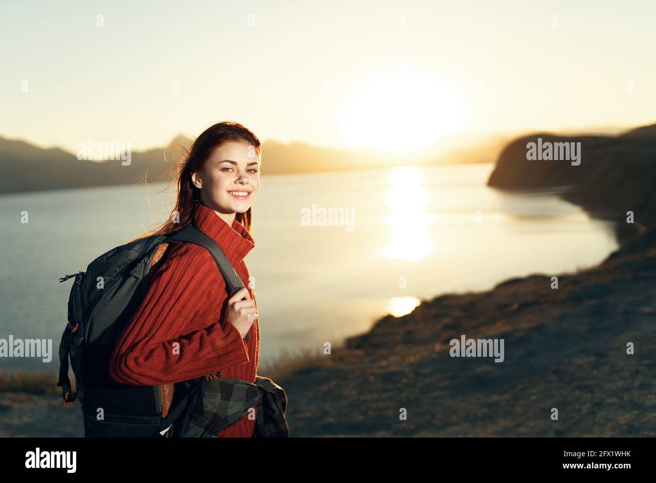 pretty woman with backpack tourism travel landscape vacation Stock ...