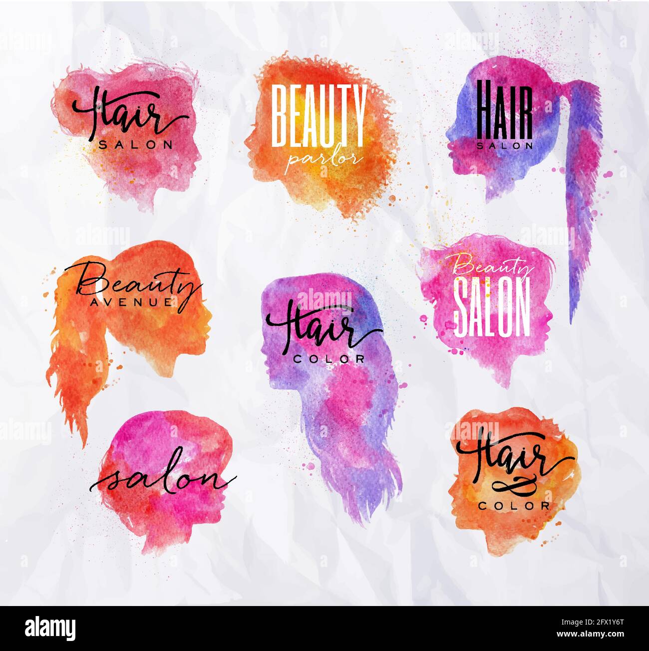 Set of beauty salon female silhouettes with inscriptions drawing with ...